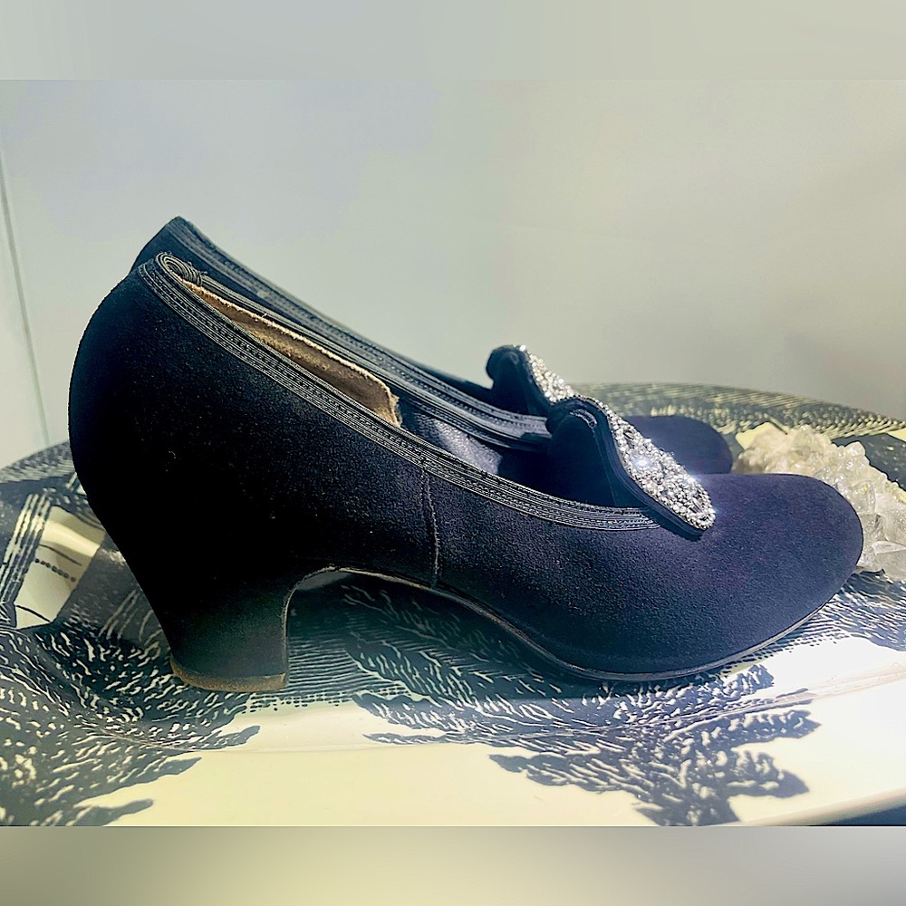 Antique Early 1900s Black Suede Heels Gorgeous Marcas… - Gem